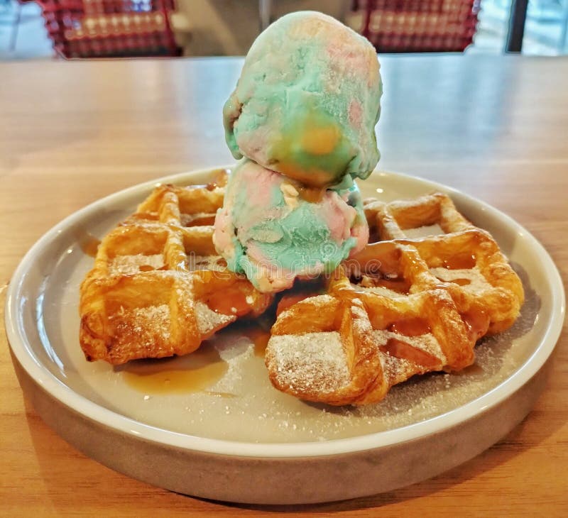 Yummy Croffle with Rainbow Ice Cream Stock Image - Image of breakfast ...
