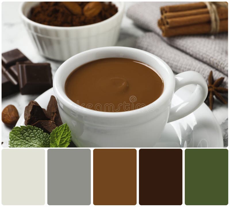 Yummy Hot Chocolate in Cup on White Table and Color Palette. Collage ...