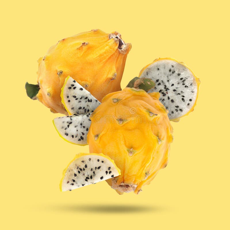 Yummy Pitaya Fruits Falling on Yellow Background Stock Illustration ...