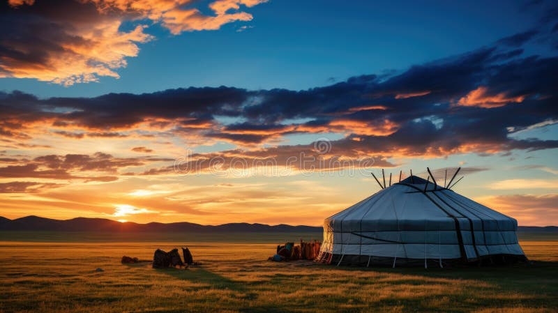 Yurt in the Desert at Sunset, AI Stock Image - Image of mountain ...