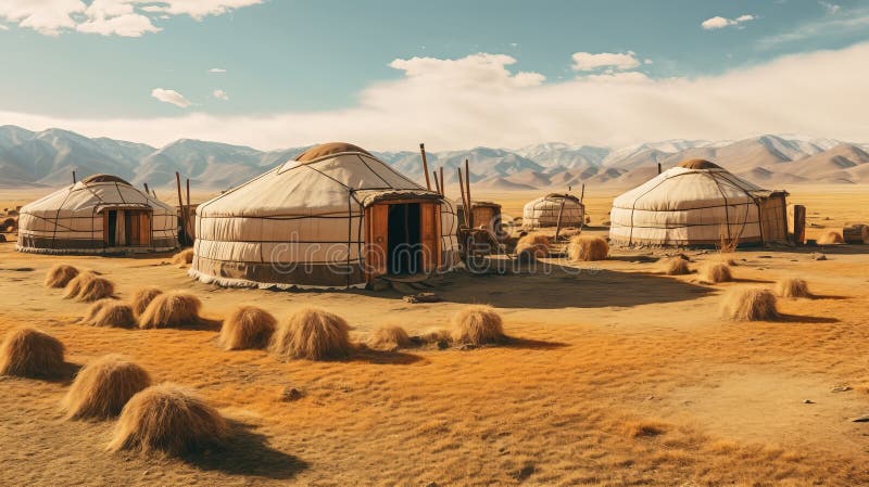 Yurts in the Central Asia Landscape. Generative AI. Stock Illustration ...