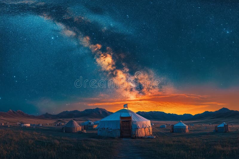Yurts Standing on Grass Under Scenic Milky Way during Sunset Stock ...