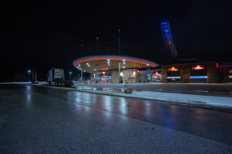 YX Lillesand Gas Station at Night.. Editorial Photography - Image of ...