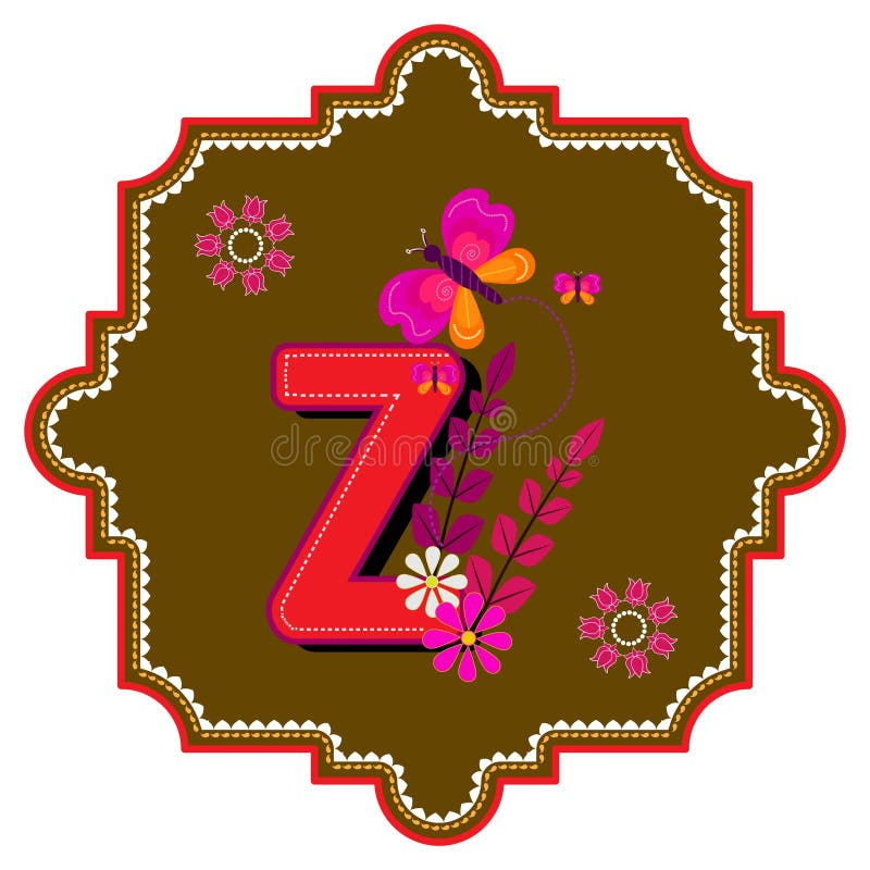 Letter Z. Alphabet Z Sticker. Floral Type with Butterflies. Lotus and ...