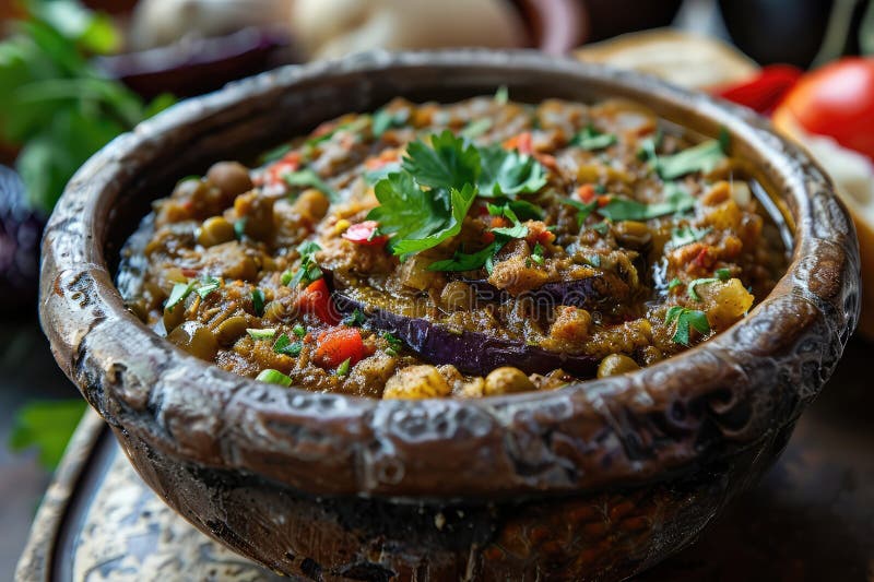 Zaalouk, Moroccan Eggplant Dip Served with Bread, Stewed Eggplant ...