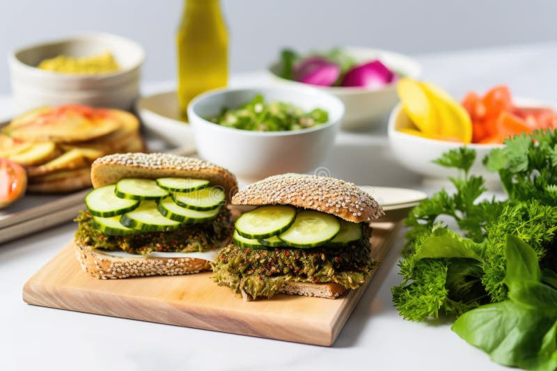 Zaatar Bruschetta Sandwich, Cucumber Slices, and Pickles on Table Stock ...