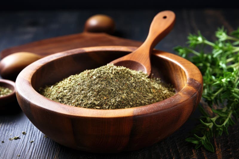 Zaatar in Wooden Bowl with a Wooden Spoon Top View Stock Illustration ...