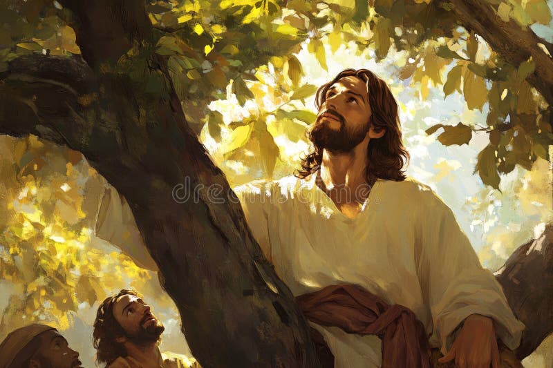 Zacchaeus on Tree Branch Looking at Jesus. Generative AI. Stock ...
