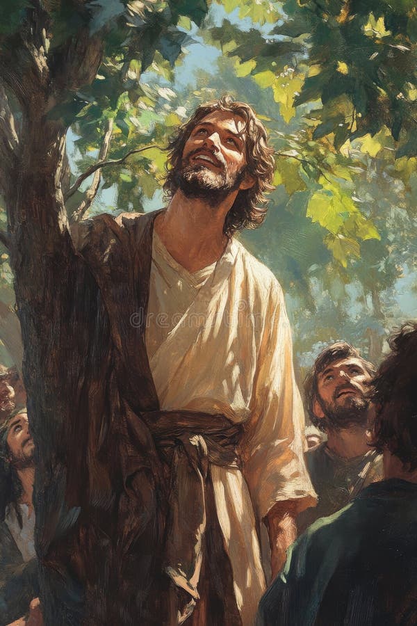 Zacchaeus on Tree Branch Looking at Jesus. Generative AI. Stock ...