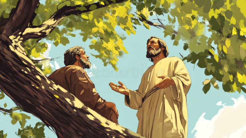 Zacchaeus on Tree Branch Looking at Jesus. Generative AI. Stock ...
