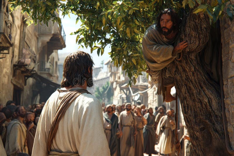 Zacchaeus on Tree Branch Looking at Jesus. Generative AI. Stock ...