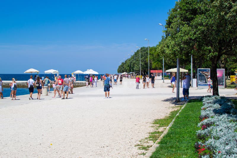 Zadar Waterfront with the Mediterranean Sea in Front, People Walking ...