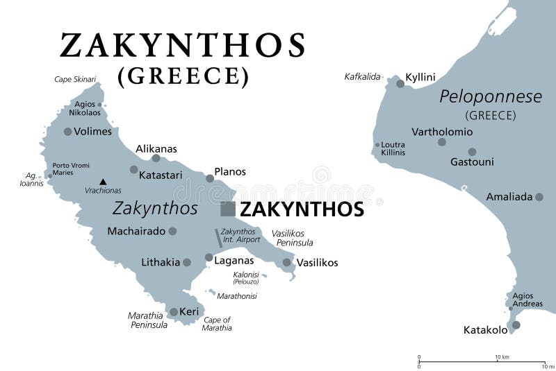 Zakynthos, Zykinthos or Zante, Greek Island, Gray Political Map Stock ...