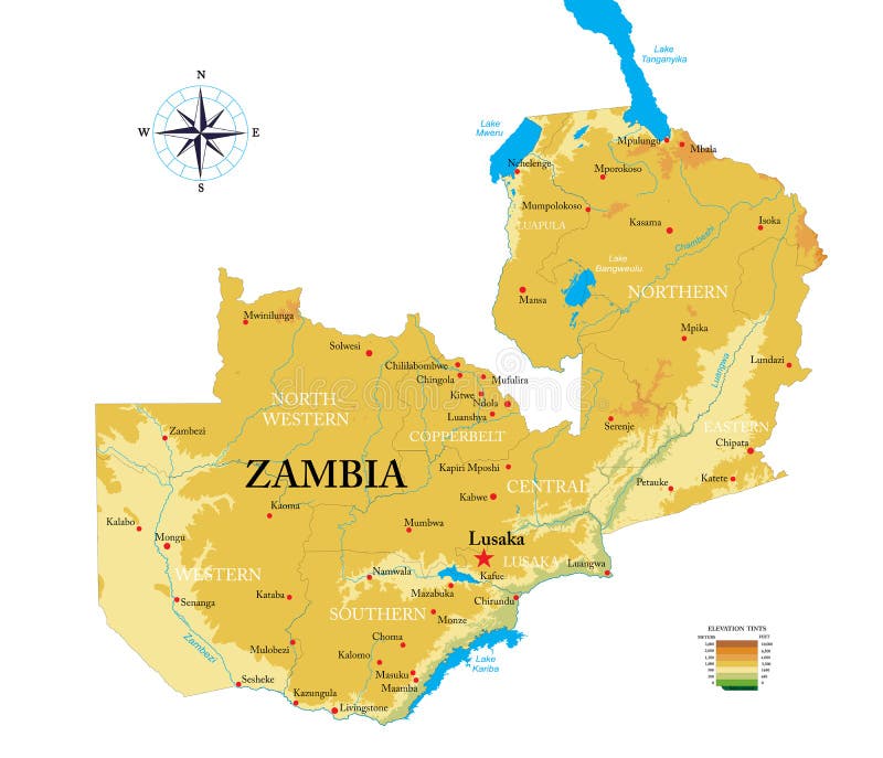 Zambia Highly Detailed Physical Map Stock Vector - Illustration of ...