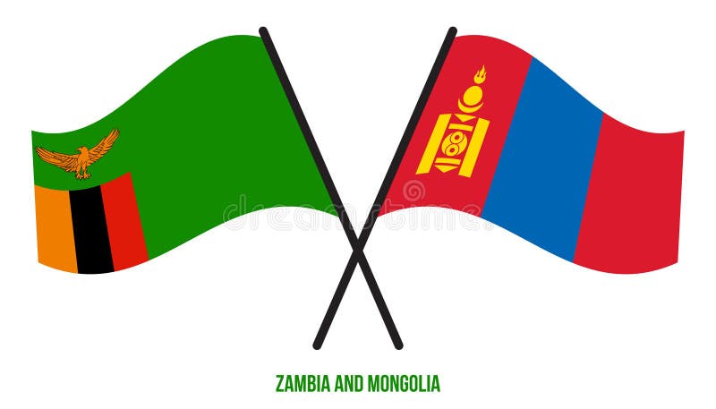 Zambia And Mongolia Flags Crossed And Waving Flat Style Official