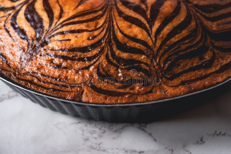Zebra Cake Placed on a White Marble Tabletop in a Cake Pan, View from ...