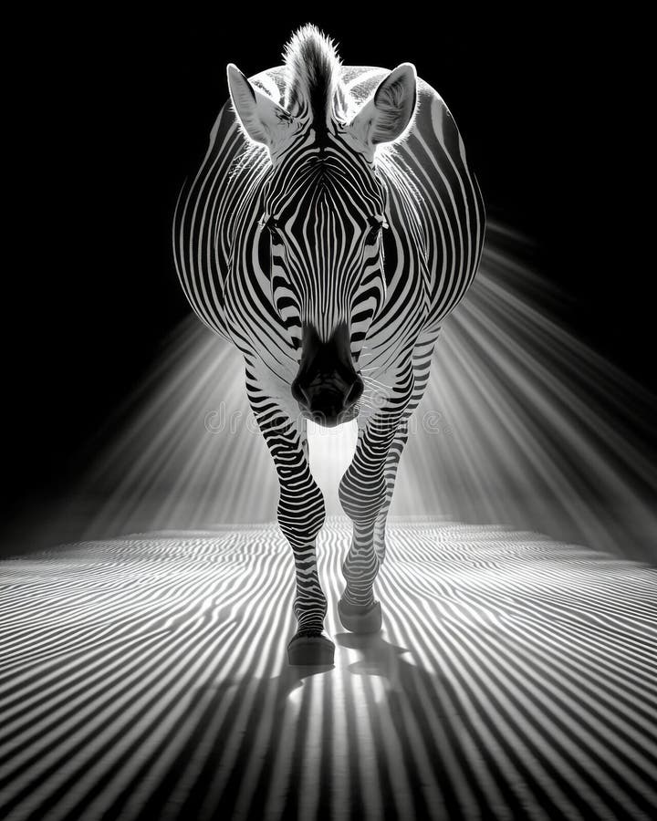 Striking Black and White Portrait of a Zebra Walking through Light Rays ...