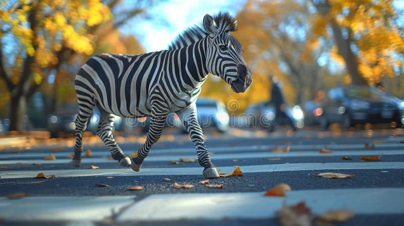 Zebra Crossing a Street with Autumn Trees and Blurred Background Stock ...