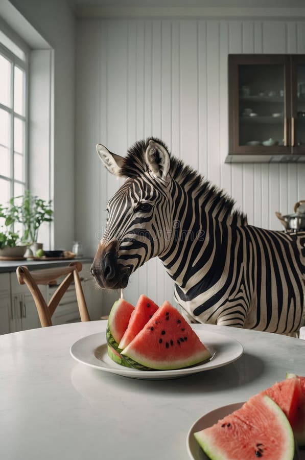 Striped Safari Snack: Zebra Enjoying Watermelon in Modern Kitchen Stock ...