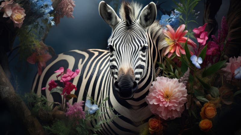 Zebra Decorated with Flowers in the Jungle Stock Photo - Image of ...