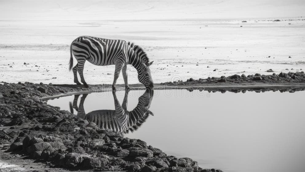 A Zebra Drinking Water from a Pond on the Beach, AI Stock Photo - Image ...
