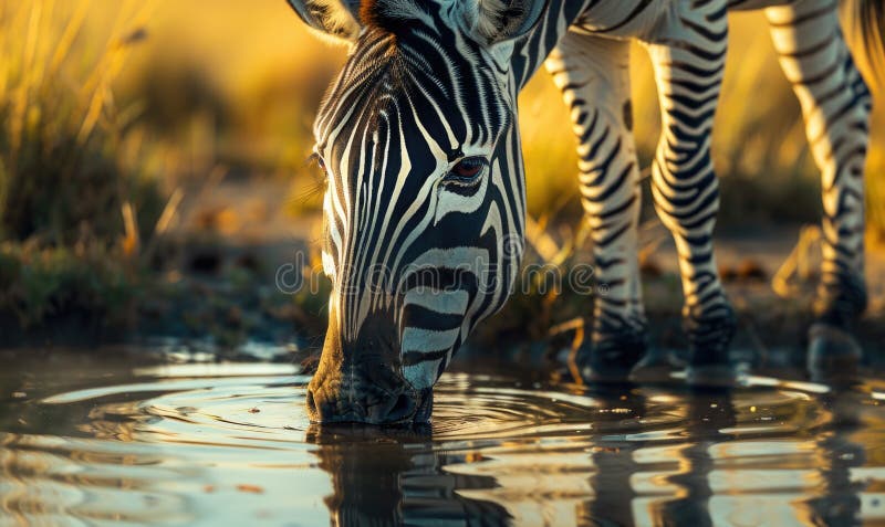 Zebra Drinking from a Watering Hole Stock Photo - Image of stripes ...