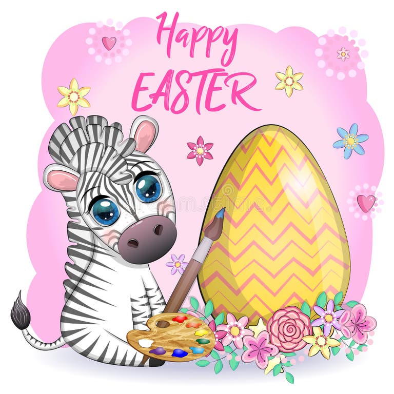Zebra with Easter Egg, Flowers. Easter Greeting Card Stock Illustration ...