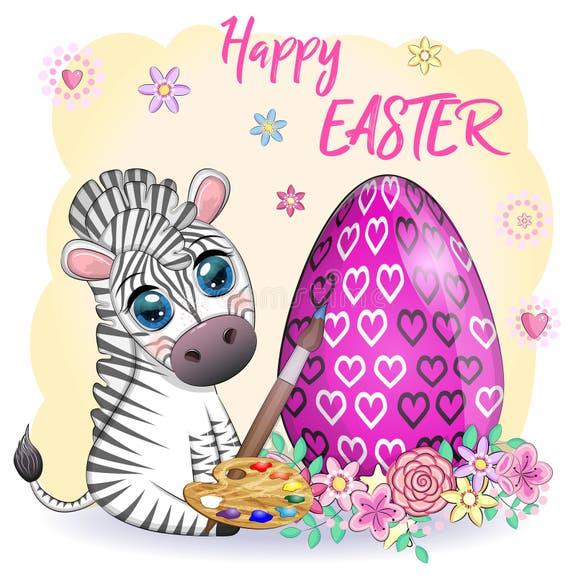 Zebra with Easter Egg, Flowers. Easter Greeting Card Stock Vector ...
