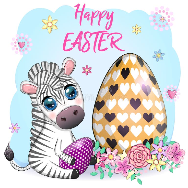Zebra with Easter Egg, Flowers. Easter Greeting Card Stock Vector ...