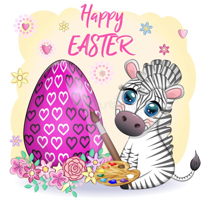 Zebra with Easter Egg, Flowers. Easter Greeting Card Stock Illustration ...