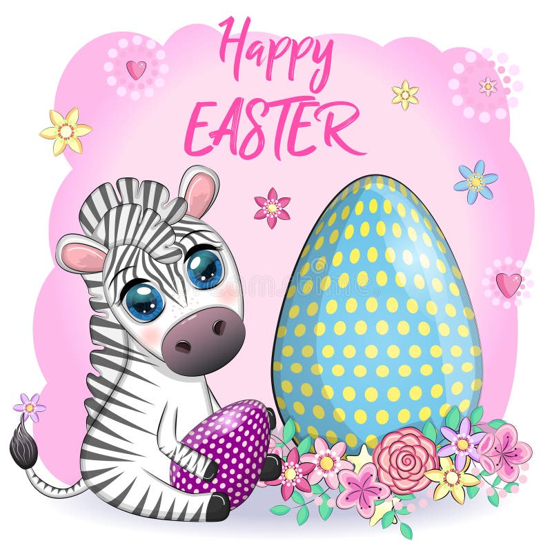Zebra with Easter Egg, Flowers. Easter Greeting Card Stock Vector ...