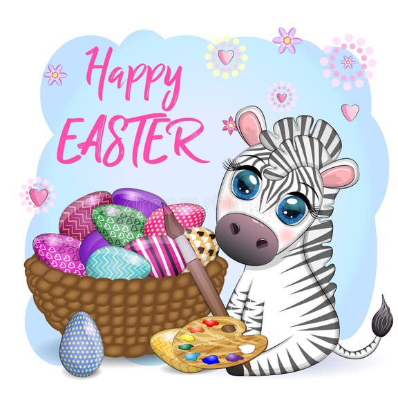 Zebra with Easter Egg, Flowers. Easter Greeting Card Stock Vector ...
