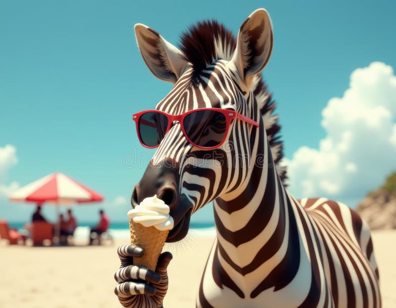 Zebra Enjoying Ice Cream on the Beach Stock Illustration - Illustration ...