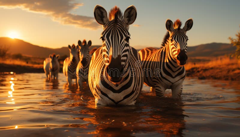 Zebra Family Standing in the African Sunset Generated by AI Stock Photo ...