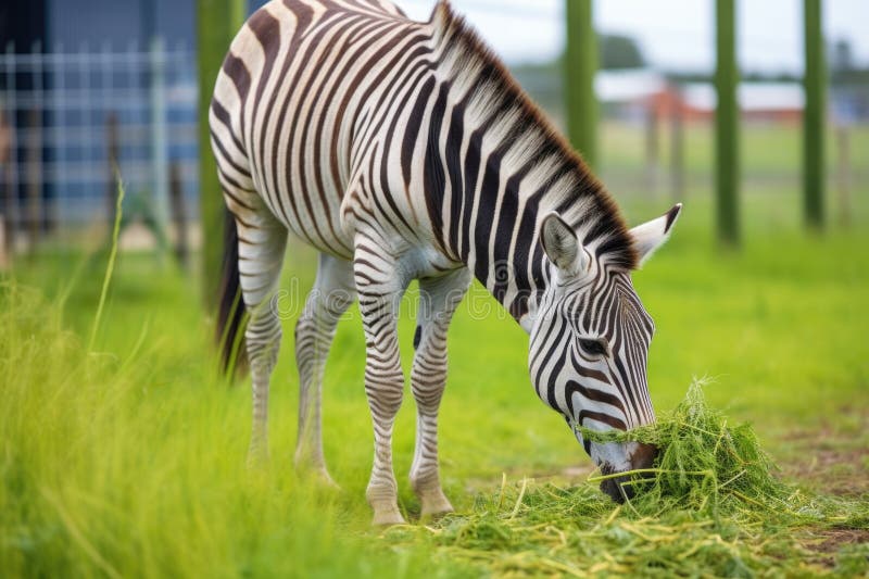 A Zebra Feeding on Grass in a Large Enclosure Stock Photo - Image of ...