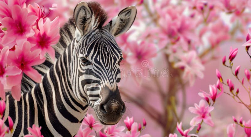 Zebra in a Field of Pink Flowers Stock Illustration - Illustration of ...