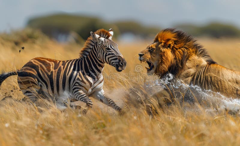 Zebra Fighting a Lion in the Savannah Stock Image - Image of male, park ...