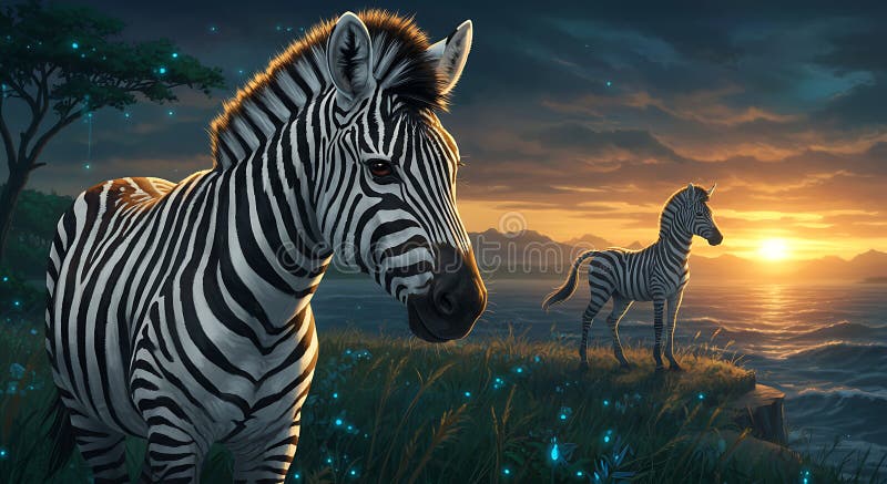 Zebra and Foal Grazing on Cliffside with Sunset Backdrop on Ocean Stock ...