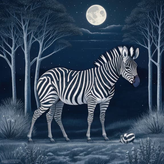 Zebra in the Forest at Night with Full Moon, Illustration Stock Photo ...