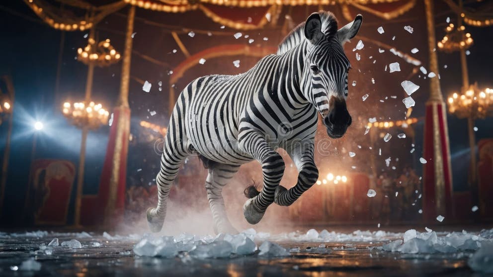 Striking Zebra Running on Ice in a Circus Setting Stock Illustration ...