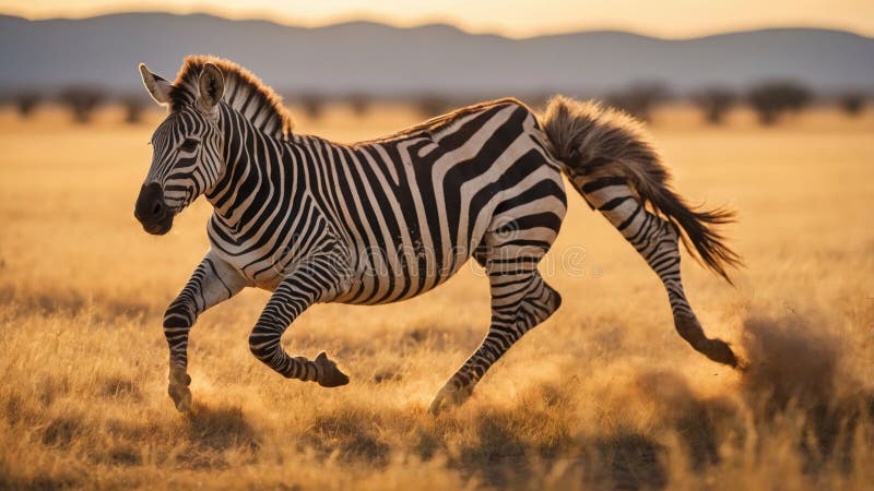 Striking Zebra Running in Golden African Savanna at Sunset Stock ...