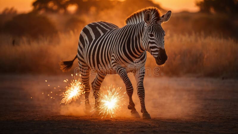 Majestic Zebra Running through Sparkling Fire at Sunset Stock ...