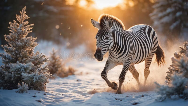 Striped Zebra Running in Snowy Winter Landscape at Sunset Stock ...