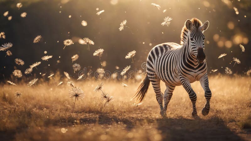 Majestic Zebra Running through Dandelion Field at Sunset Stock ...