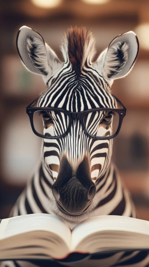 Zebra with Glasses Reading a Book, Humorous Animal Concept Stock Photo ...