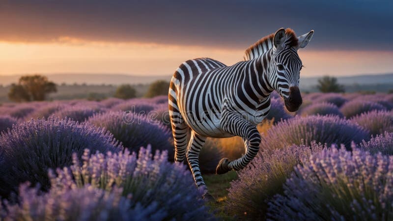 Striped Zebra Galloping through a Lavender Field at Sunset Stock ...