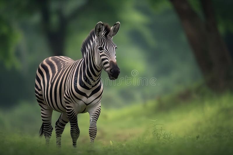Zebra in the Grass with Palm Trees and Mountains in the Background ...