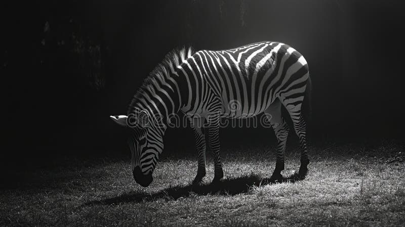 Zebra Grazing at Night, Illuminated by a Single Light Source Stock ...