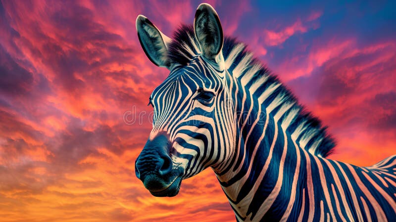 Zebra Head in Front of Colorful Sky with Clouds at Sunset. Stock ...