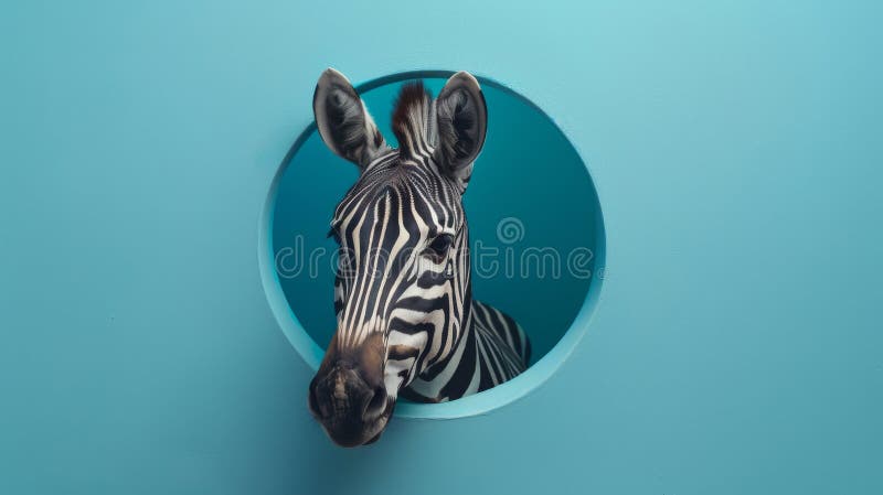 Zebra Head Peeking through a Round Hole on Blue Wall, Conceptual Studio ...